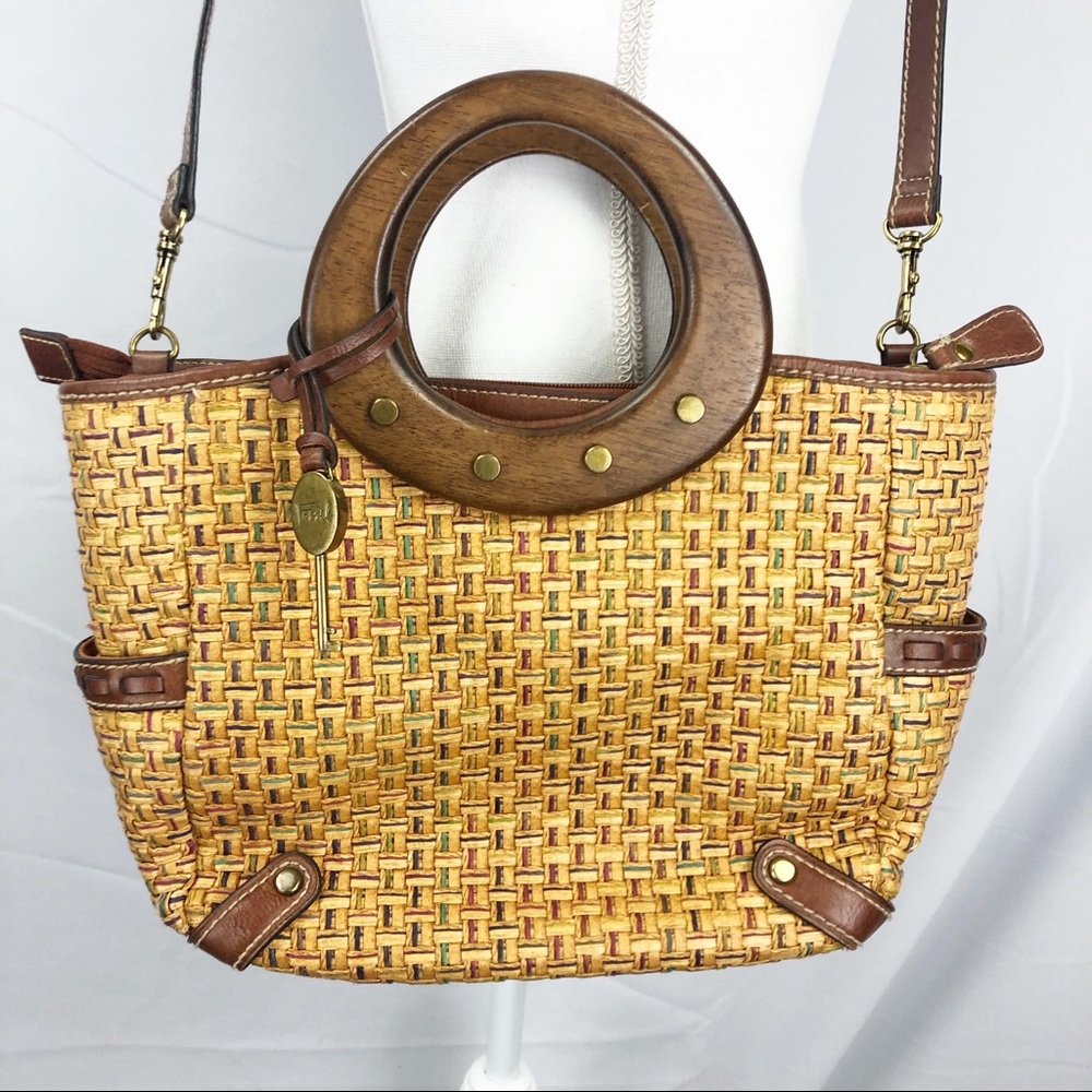 Fossil Woven Straw Wood And Leather Crossbody - Gem